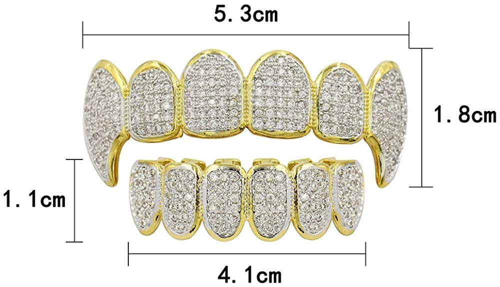 canjoyn 18K Gold Plated All Iced Out Luxury Cubic Zirconia Face Diamond Gold Teeth Grillz Set with Molding Bars Included for Men Women