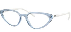 ray-ban rx7188 rectangular prescription eyeglass frames, transparent light blue/demo lens, 54 mm