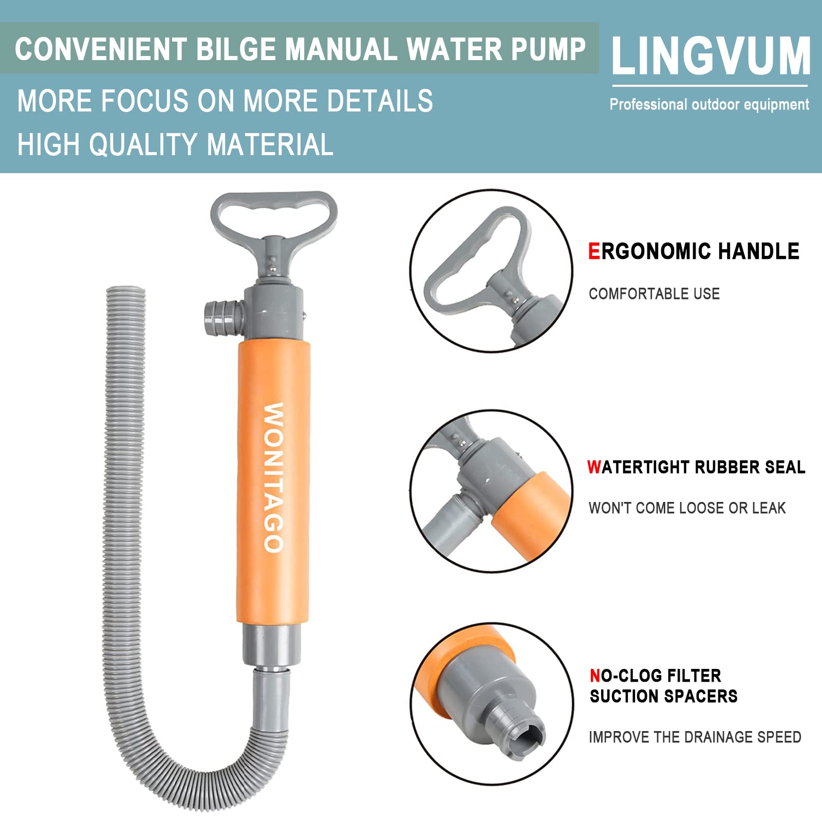 LINGVUM Bilge Pump for Kayak Canoe and Boat - 17 Inch Manual Portable Kayak Hand Water Pumps with Reversible Hose Orange