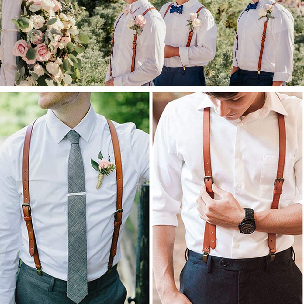 EURYNOME Leather Suspenders For Men, Brown Genuine Leather Suspenders Groomsmen Gifts (01#, L)