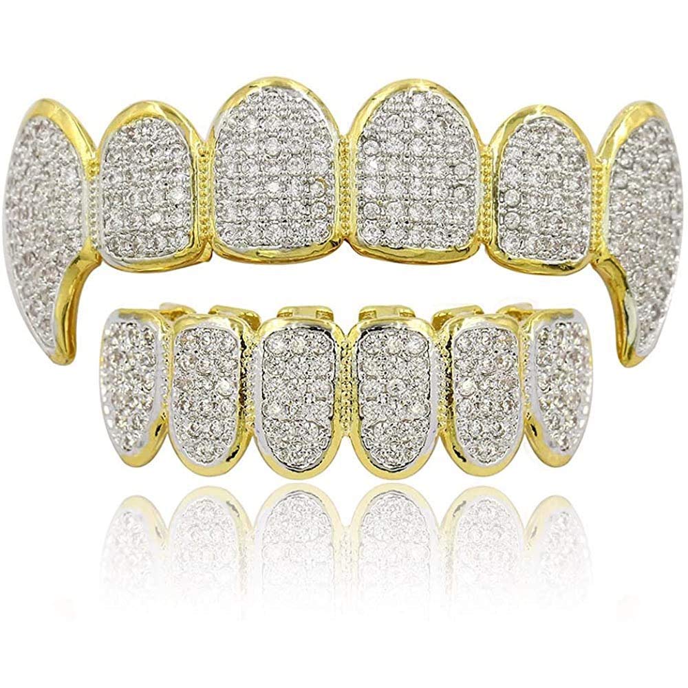 canjoyn 18K Gold Plated All Iced Out Luxury Cubic Zirconia Face Diamond Gold Teeth Grillz Set with Molding Bars Included for Men Women