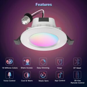 MagicLight Smart Retrofit 3 Inch 5 Watts E26 LED Recessed Down Light, Dimmable, RGBCW Color Changing Bluetooth Smart LED Downlight Trims, 10 Pack