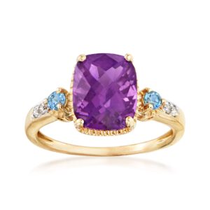 ross-simons 2.50 carat amethyst and .10 ct. t.w. swiss blue topaz ring with diamond accents in 14kt yellow gold size 8