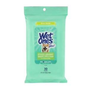 wet ones for pets extra gentle hypoallergenic dog wipes with witch hazel for snout, eye, ear | fragrance-free for all dogs with wet lock seal | 30 ct pouch