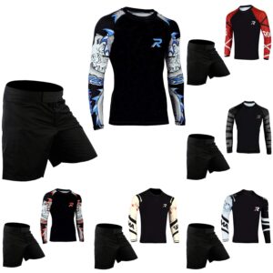 roar mma rash guard & bjj shorts set mens women fight wear muay thai grappling training (darken blue sleeve 2pcs set, large)