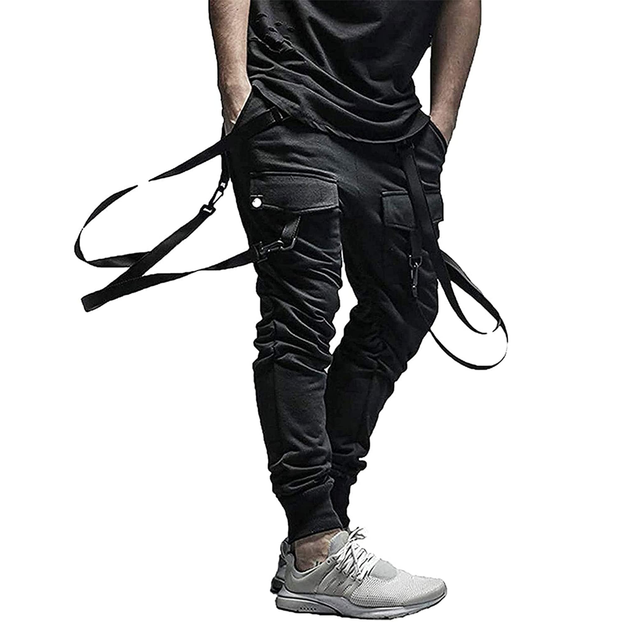 XYXIONGMAO Men's Futuristic Clothing Black Cargo Joggers Baggy Pants Tactical Gothic Techwear Streetwear Hip Hop Pants Cargo Pants for Men(Black, M)