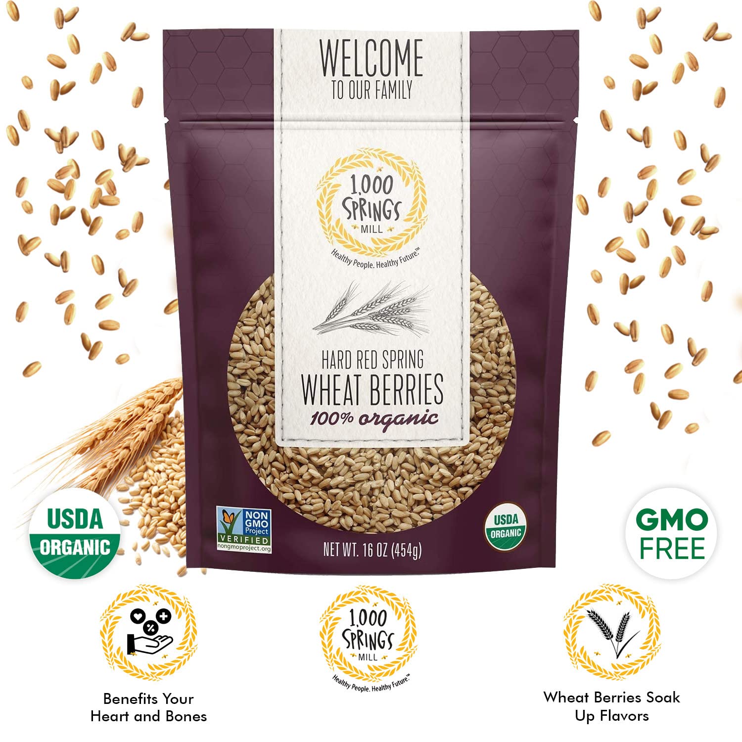 1000 SPRINGS MILL - Organic Hard Red Spring Wheat Berries - Used for Organic Flours, Cereals, Salads, and Whole Wheat Breads - Organic Sprouting Seeds - Bulk Dried Grain - Resealable Bag - 16oz (Pack of 1)