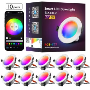 magiclight smart retrofit 3 inch 5 watts e26 led recessed down light, dimmable, rgbcw color changing bluetooth smart led downlight trims, 10 pack