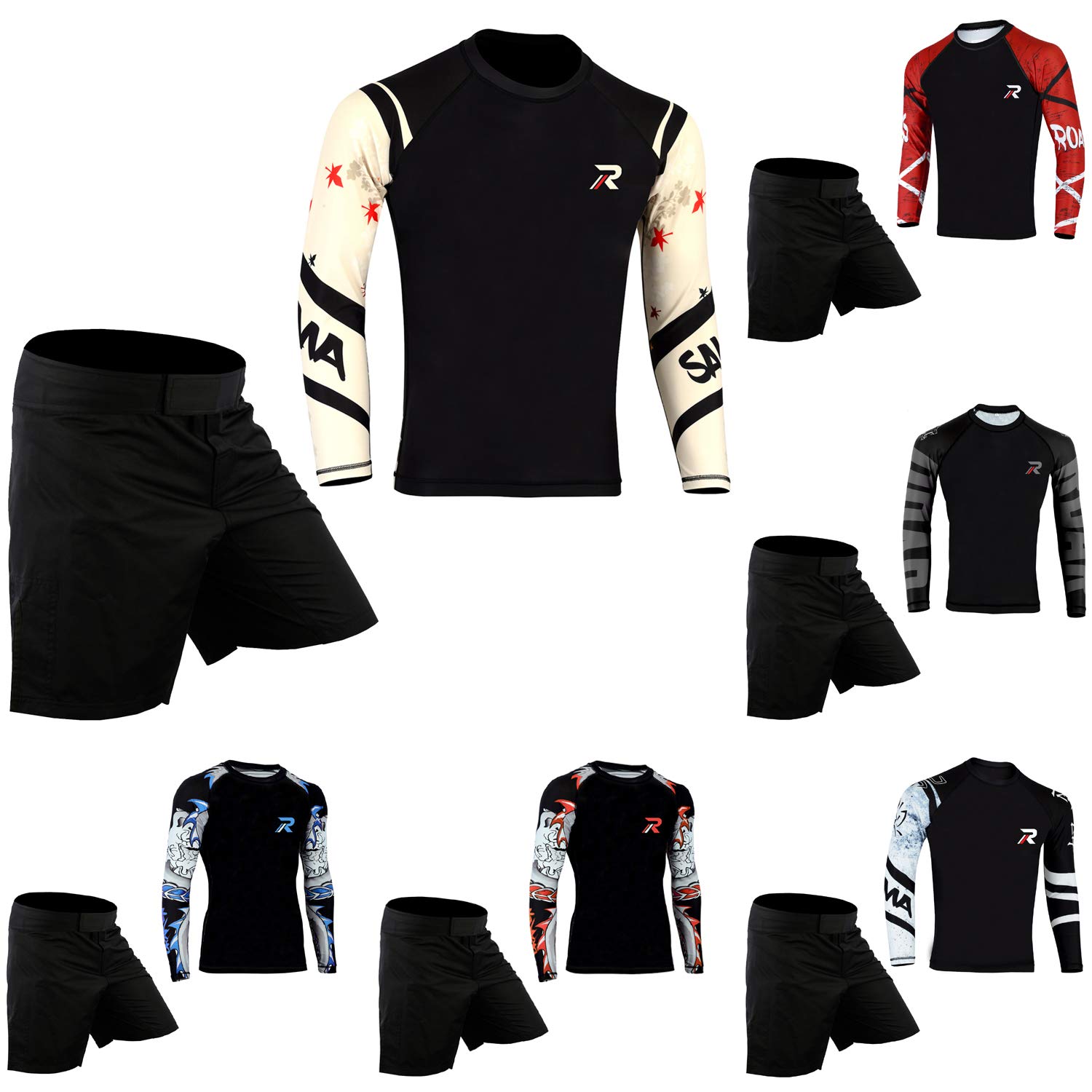 ROAR MMA Rash Guard & BJJ Shorts Set Mens Women Fight Wear Muay Thai Grappling Training (Samurai Sleeve 2 Pcs Set, Medium)