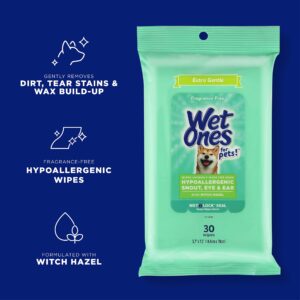 Wet Ones for Pets Extra Gentle Hypoallergenic Dog Wipes with Witch Hazel for Snout, Eye, Ear | Fragrance-Free for All Dogs with Wet Lock Seal | 30 Ct Pouch