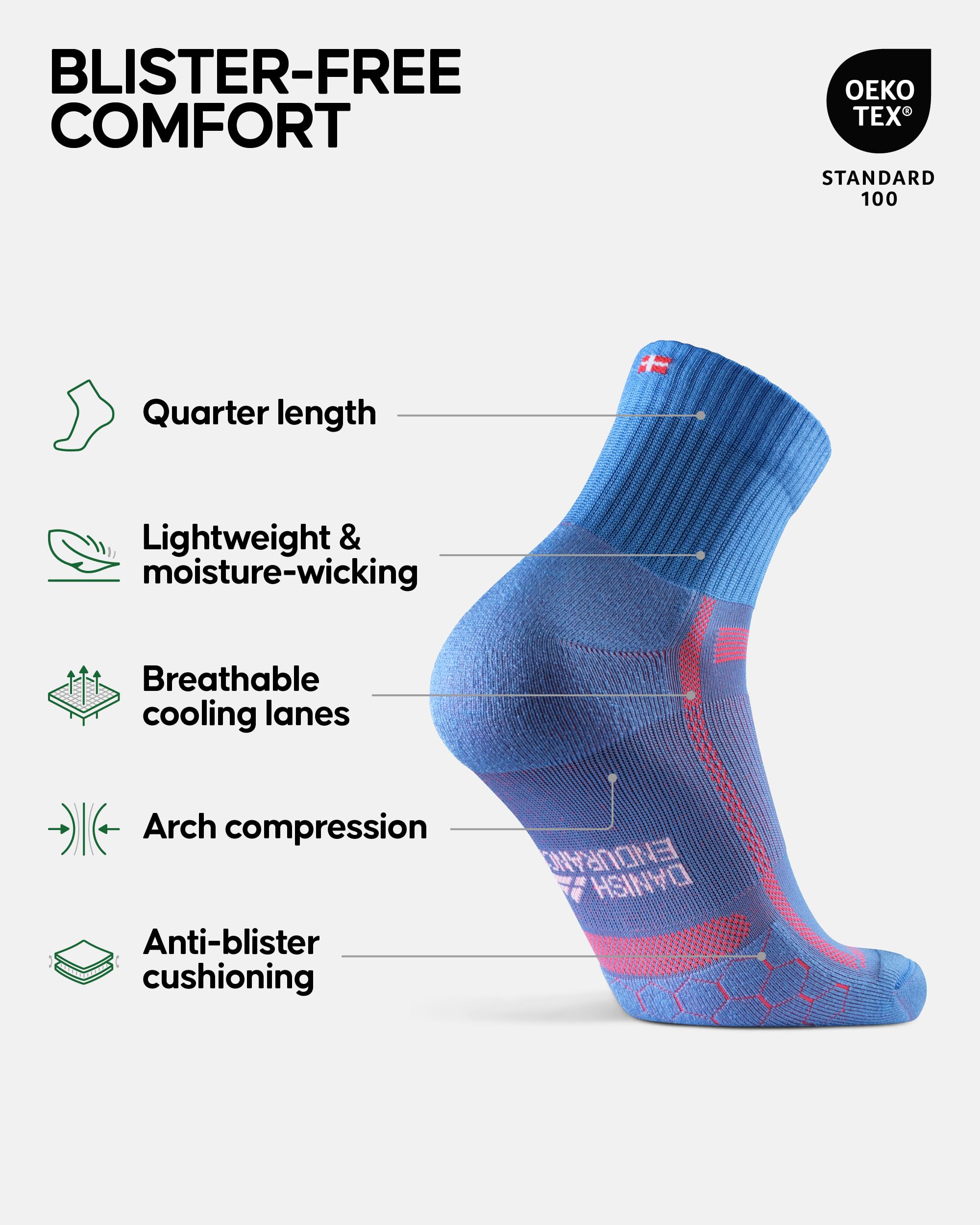 DANISH ENDURANCE 3 Pack Running Socks for Long Distances, Quarter, Men & Women, Light Blue/Orange, US Women 11-13 // US Men 9.5-12.5