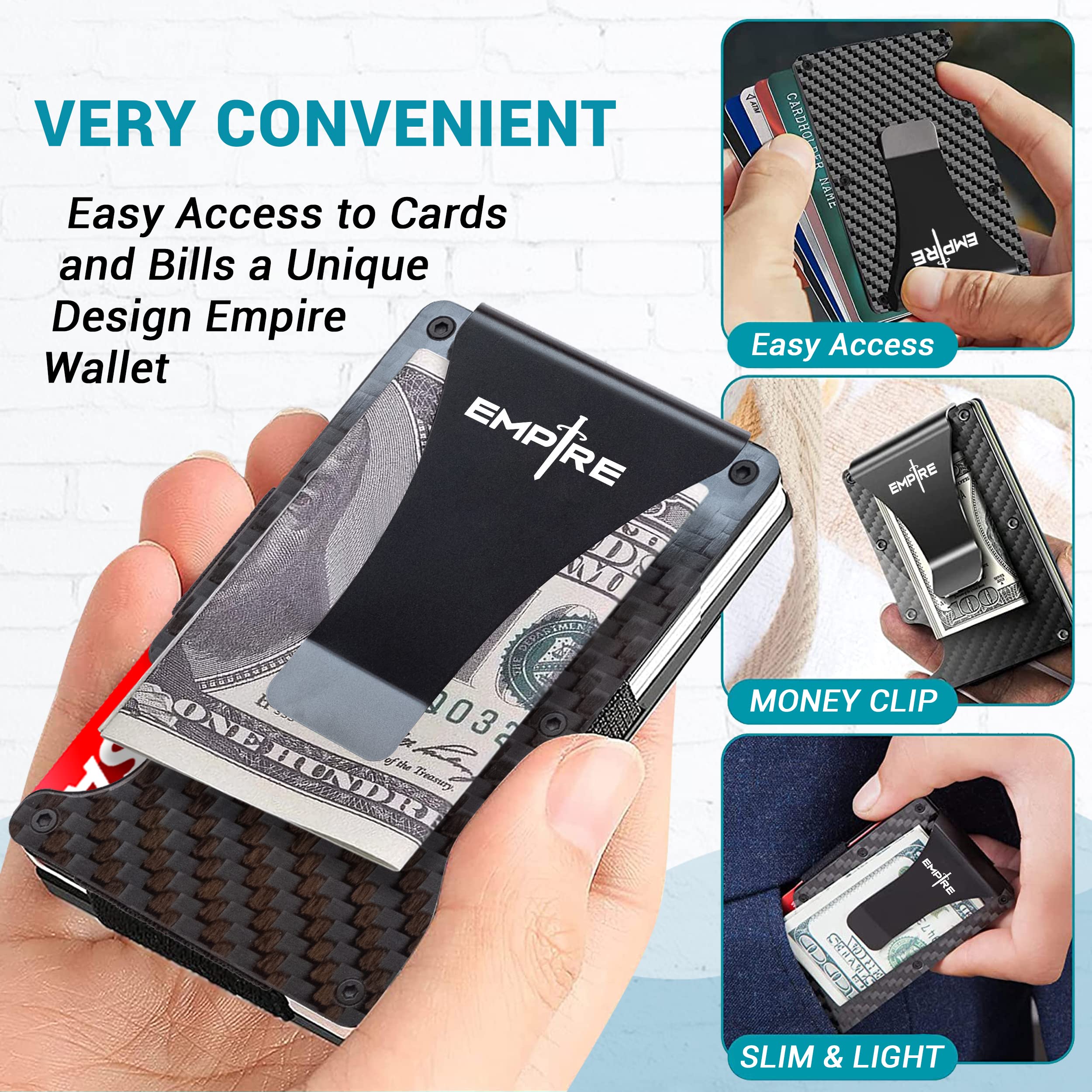 WG INTERNATIONAL Empire Carbon Fiber Wallet, RFID Protected Slim Minimalist Wallet for Men, Holds 12 Cards & 9 Bills, Money Clip, Gift for Working Professionals