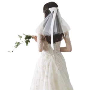 takemay wedding veil for brides, short white 2 tier tulle with bow hair clip