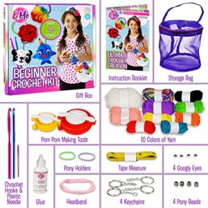 DIY All in One Crochet Knitting Kit for Beginners Starter Arts & Craft Set for Kids Teens Tweens & Adults – How to Learn Make Your Own Yarn Pom Poms – Birthday Gift for Kids Ages 8+