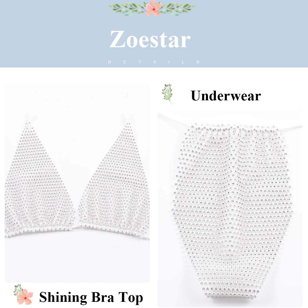 Zoestar Crystal Mesh Bikini Sets Sparkly Top with Underwear Suit Fashion Rhinestone Crop Top Festival Rave Party Outfits Body Chain Jewelry for Women and Girls