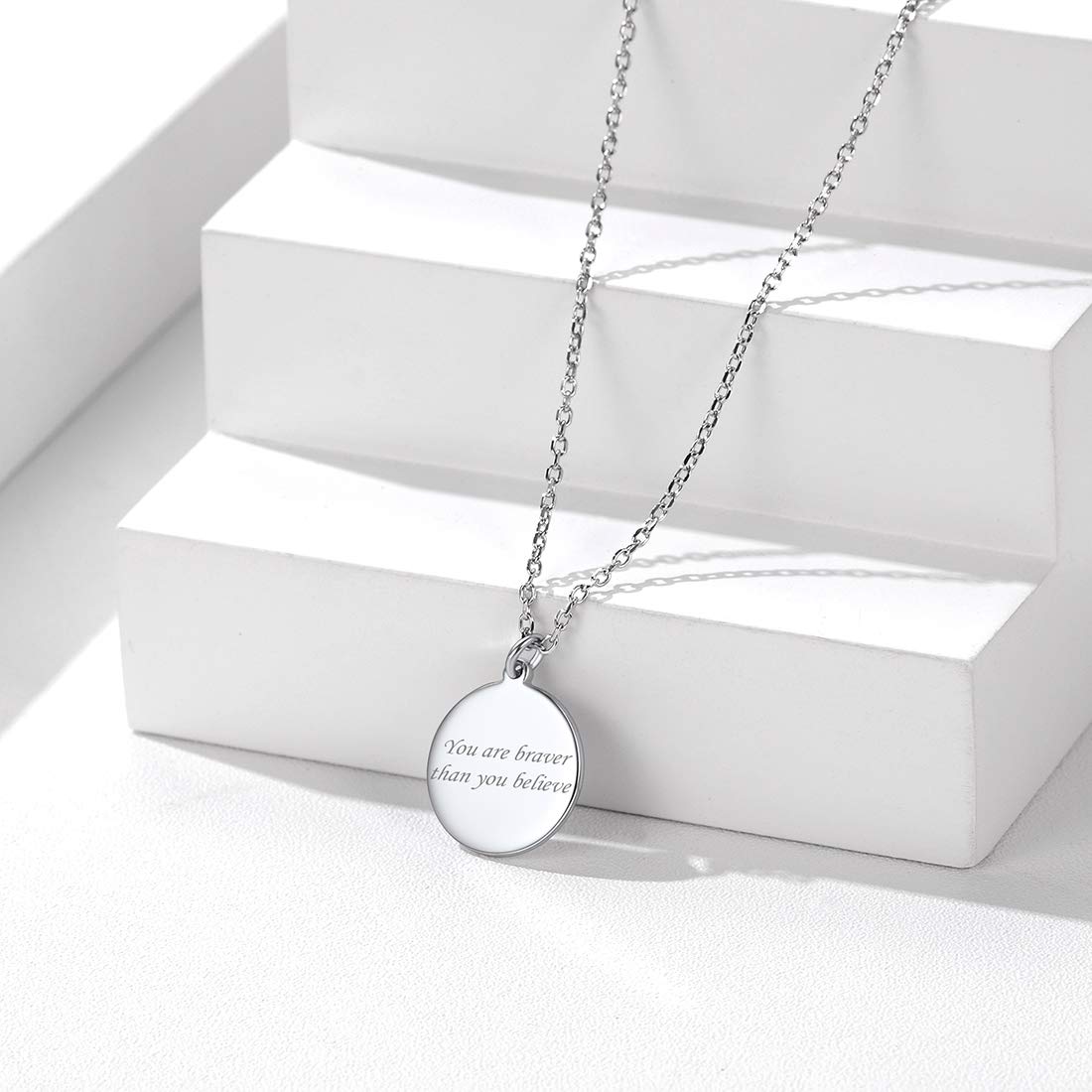 SILVERCUTE Custom Engrave Disc Necklace 925 Sterling Silver Personalized Circle Tag Pendant Text Engravable with Name/Date/Locations, Dainty Necklaces for Women