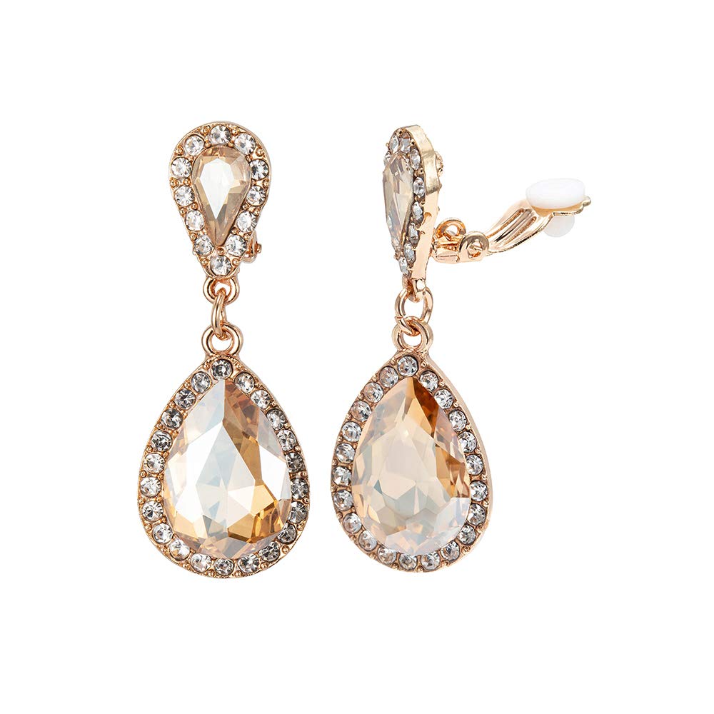 Classic Austrian Crystal Tear Drop Clip on Dangle Earrings for Women (Champagne)