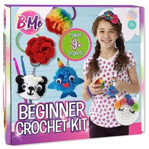 diy all in one crochet knitting kit for beginners starter arts & craft set for kids teens tweens & adults – how to learn make your own yarn pom poms – birthday gift for kids ages 8+