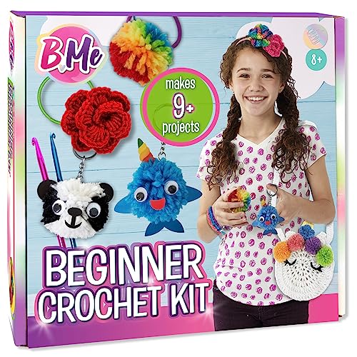 DIY All in One Crochet Knitting Kit for Beginners Starter Arts & Craft Set for Kids Teens Tweens & Adults – How to Learn Make Your Own Yarn Pom Poms – Birthday Gift for Kids Ages 8+