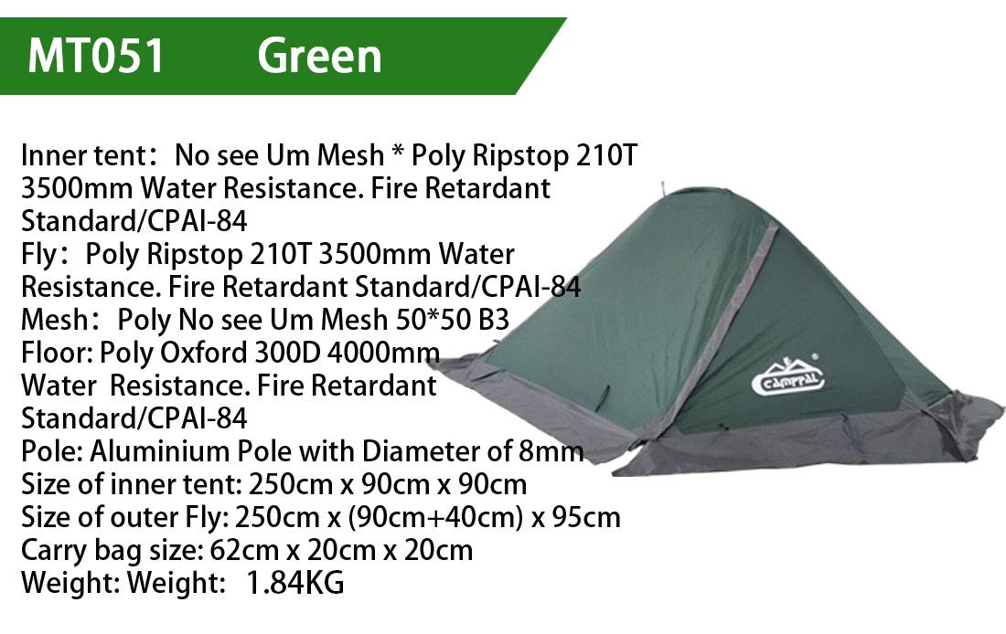 camppal 1 Person Tent Backpacking Camping Hiking Mountain Hunting Tent Lightweight and Waterproof for 4 Season Extreme Space Saving Single Bracket (Green-with skirt)