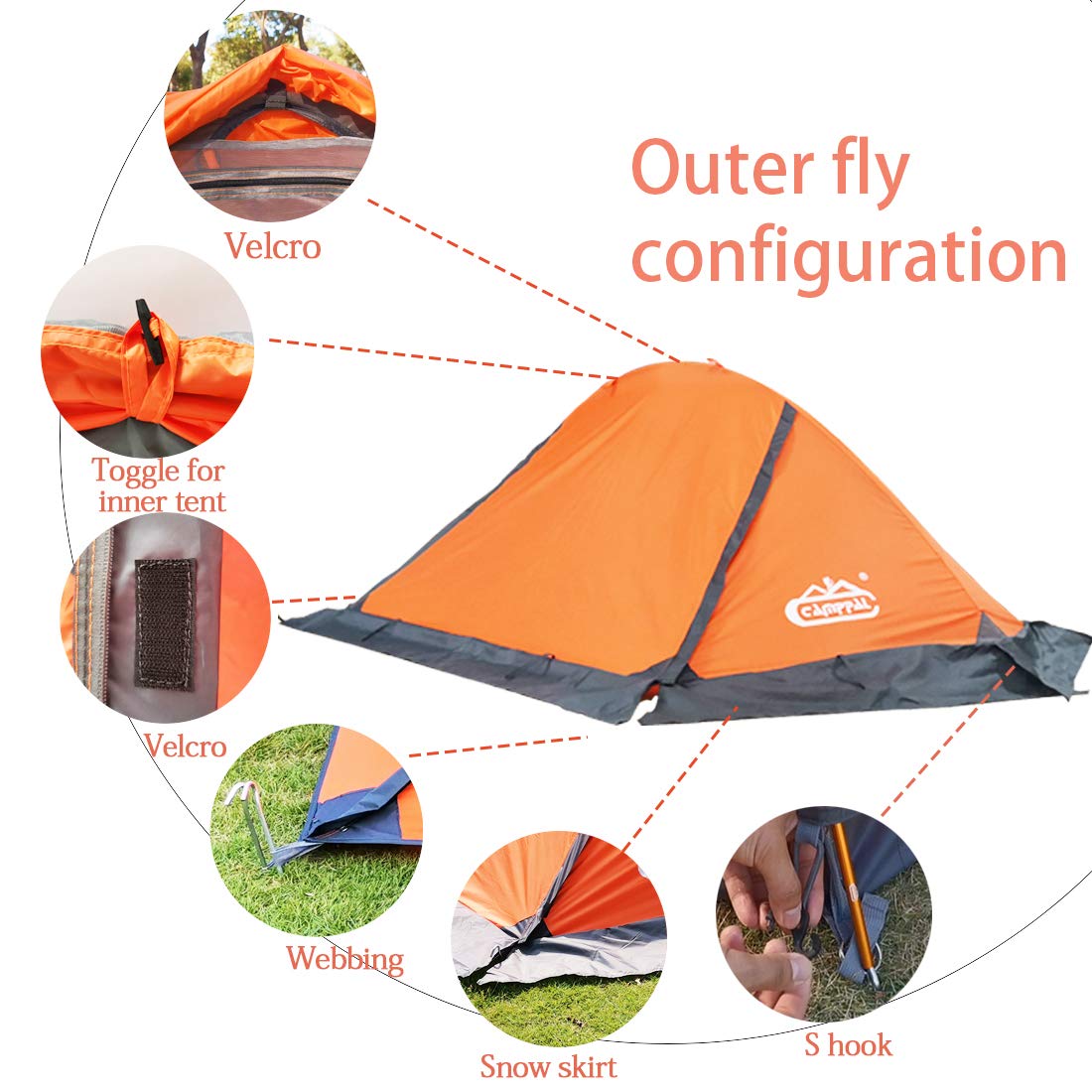 camppal 1 Person Tent Backpacking Camping Hiking Mountain Hunting Tent Lightweight and Waterproof for 4 Season Extreme Space Saving Single Bracket (Orange-with skirt)