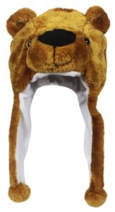 timiot cute plush animal character winter hat fun ski cap with detailed animal face long ear straps with pom pom ends (brown bear)