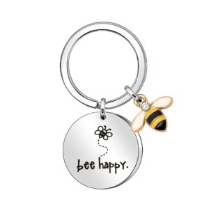 women's keychain " bee happy" keyring keychain, gift for mom, aunt, daughter, niece, friends (silver)