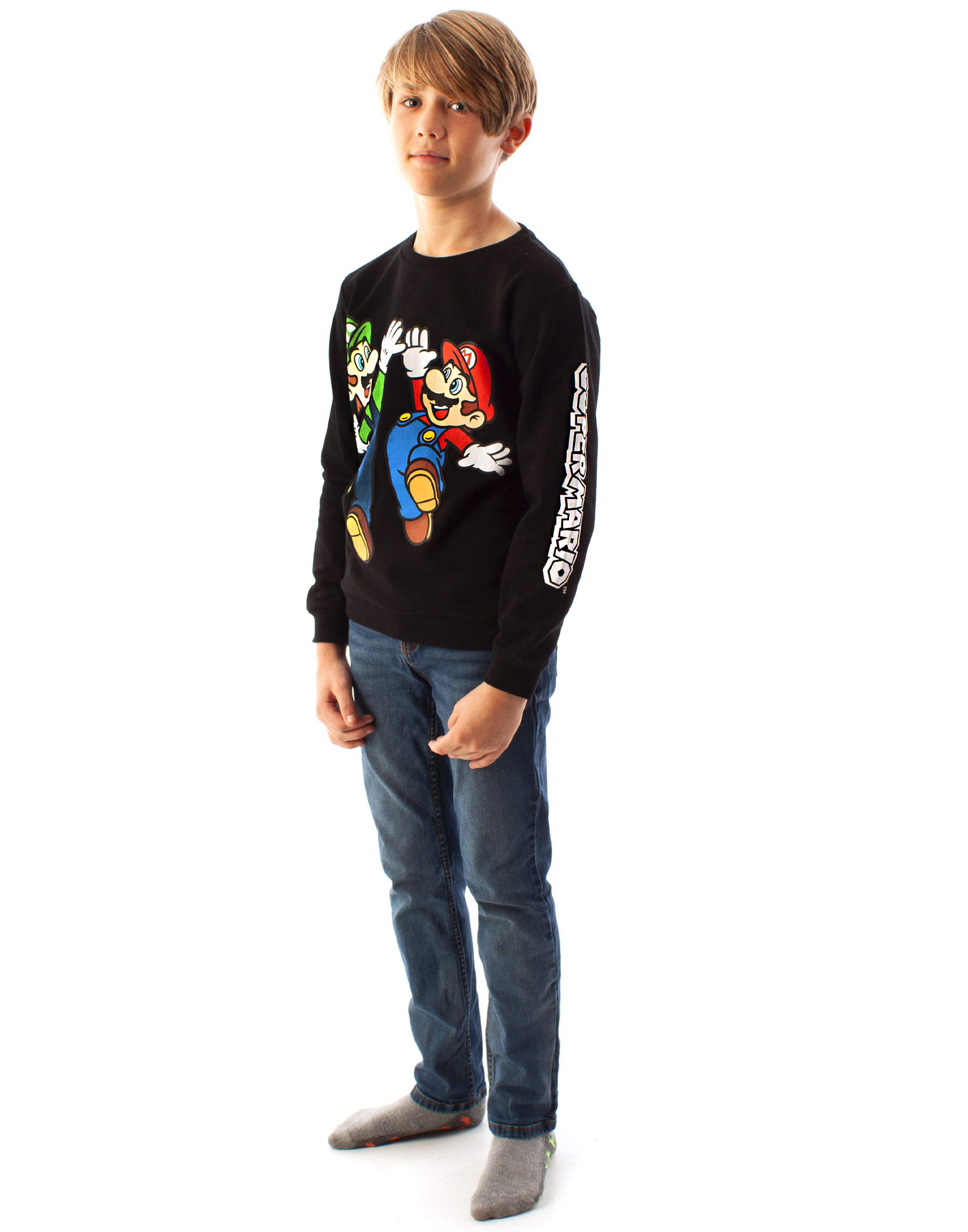 Super Mario Sweatshirt Luigi Character Gamers Black Long Sleeve Kids Boys Jumper 7-8 Years