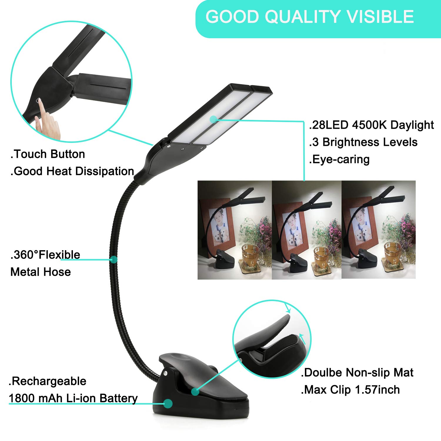 STARTOGO LED Music Stand Lights Rechargeable - 28 LEDs Clip Light with 3 Brightness Levels,1800mAh Li-ion Desk Clip Lamp,Eye-Caring,Perfect for Night Reading,Instrument Practise