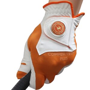 copper tech plus women's golf gloves with ball marker - ladies golf gloves with 100% aaa synthetic leather - wrist support & breathability - golf gloves left handed golfer (hand orientation: right)