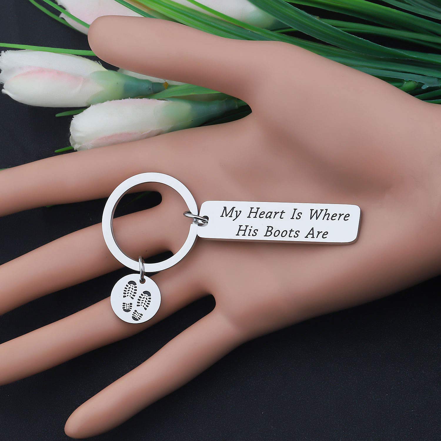 CYTING Military Gift My Heart Is Where His Boots Are Army Keychain Deployment Jewelry Gift For Soldier Military Wife/Mom (My Heart Is Where His Boots Are)