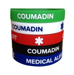 coumadin silicone bracelets medical alert (5 pack) wristbands adult size for men women 7.8"