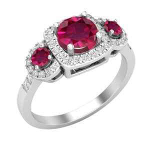 dazzlingrock collection round lab created ruby & natural white diamond women 3 stone halo style engagement ring, sterling silver, size 8.5