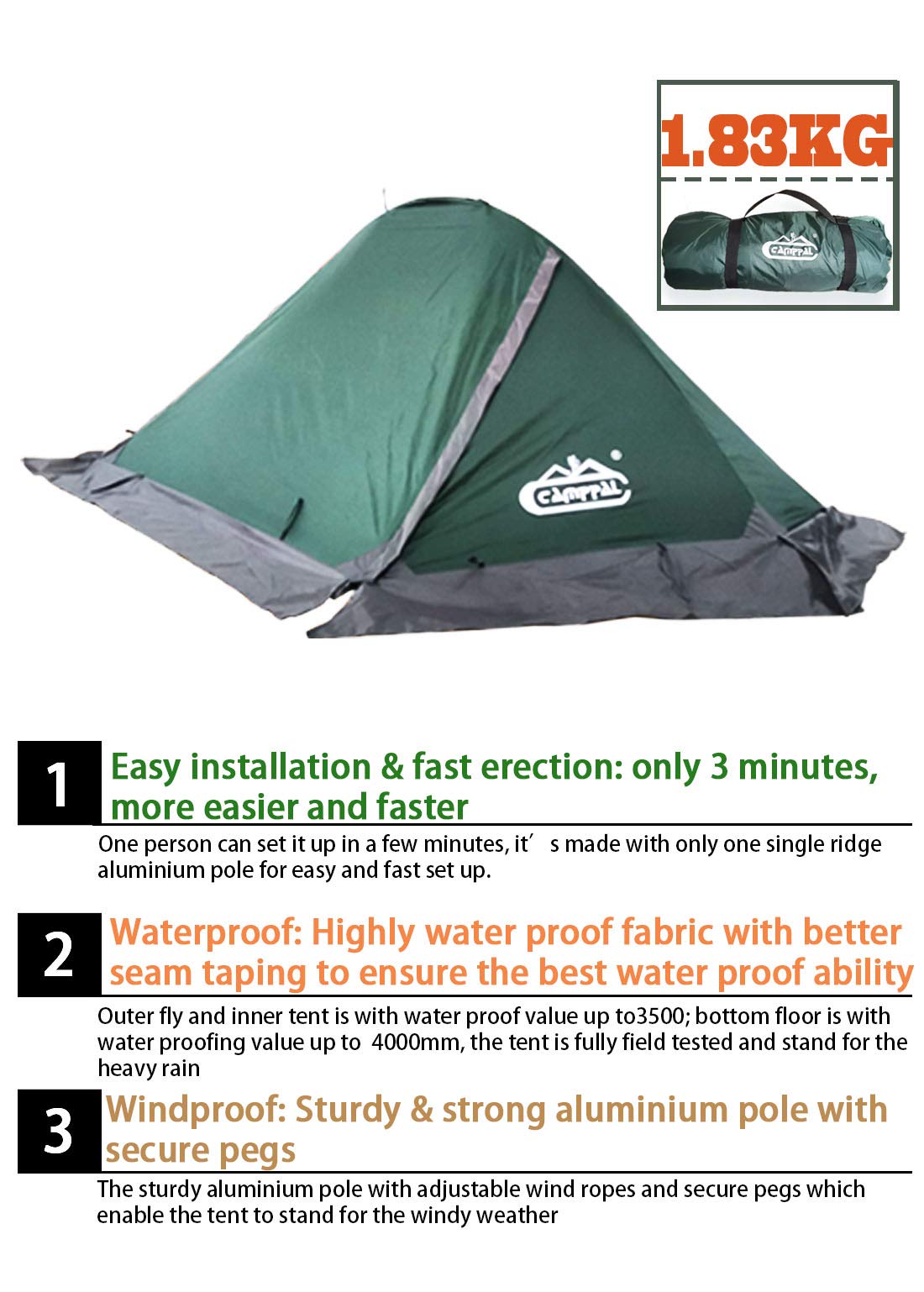 camppal 1 Person Tent Backpacking Camping Hiking Mountain Hunting Tent Lightweight and Waterproof for 4 Season Extreme Space Saving Single Bracket (Green-with skirt)