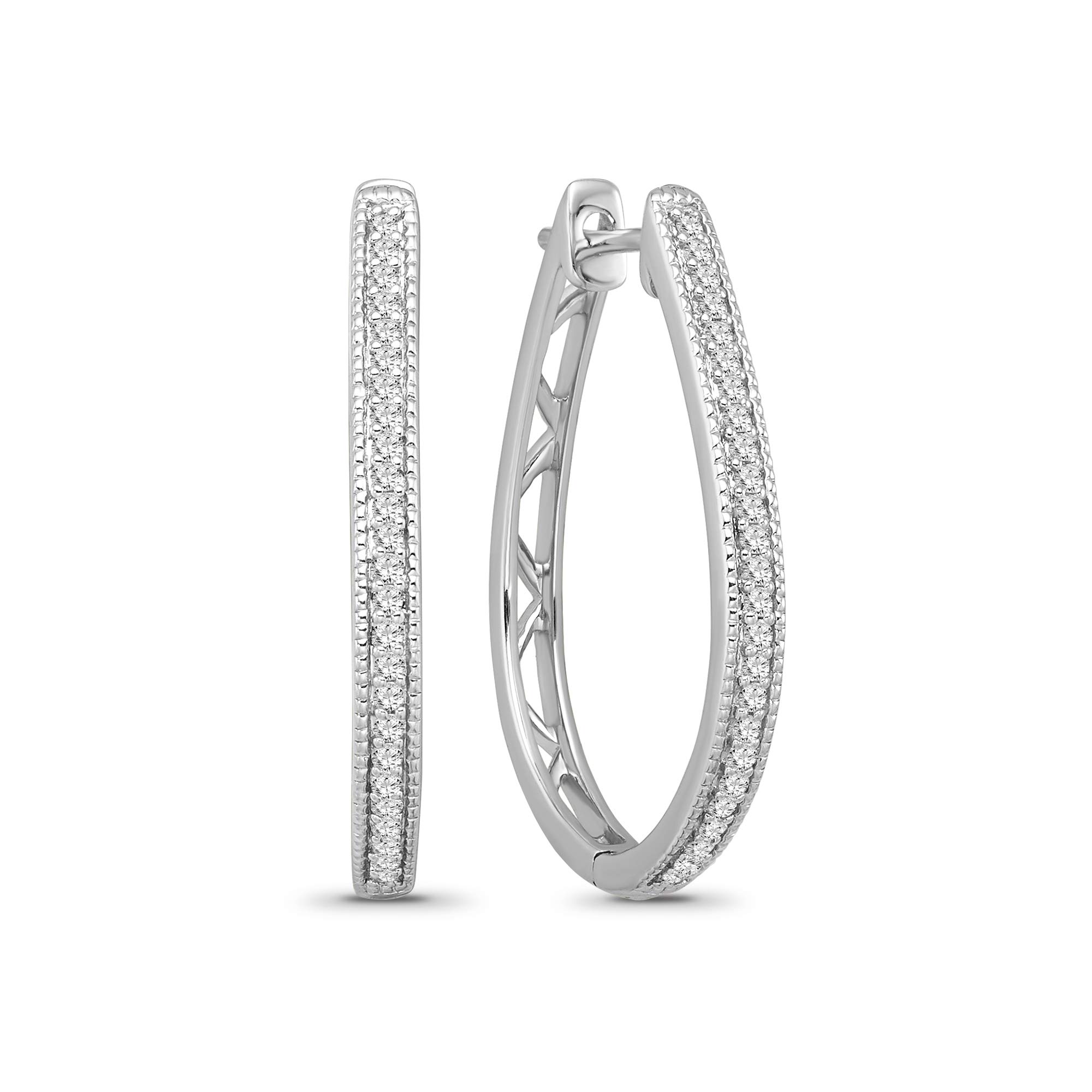 ARAIYA FINE JEWELRY 925 Sterling Silver Round-shape Diamond Oval Hoop Earrings for Women (1/4 cttw, I-J Color, I2-I3 Clarity)