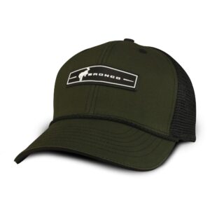 ford bronco baseball cap, mesh back rubber patch trucker hat, dark olive/black