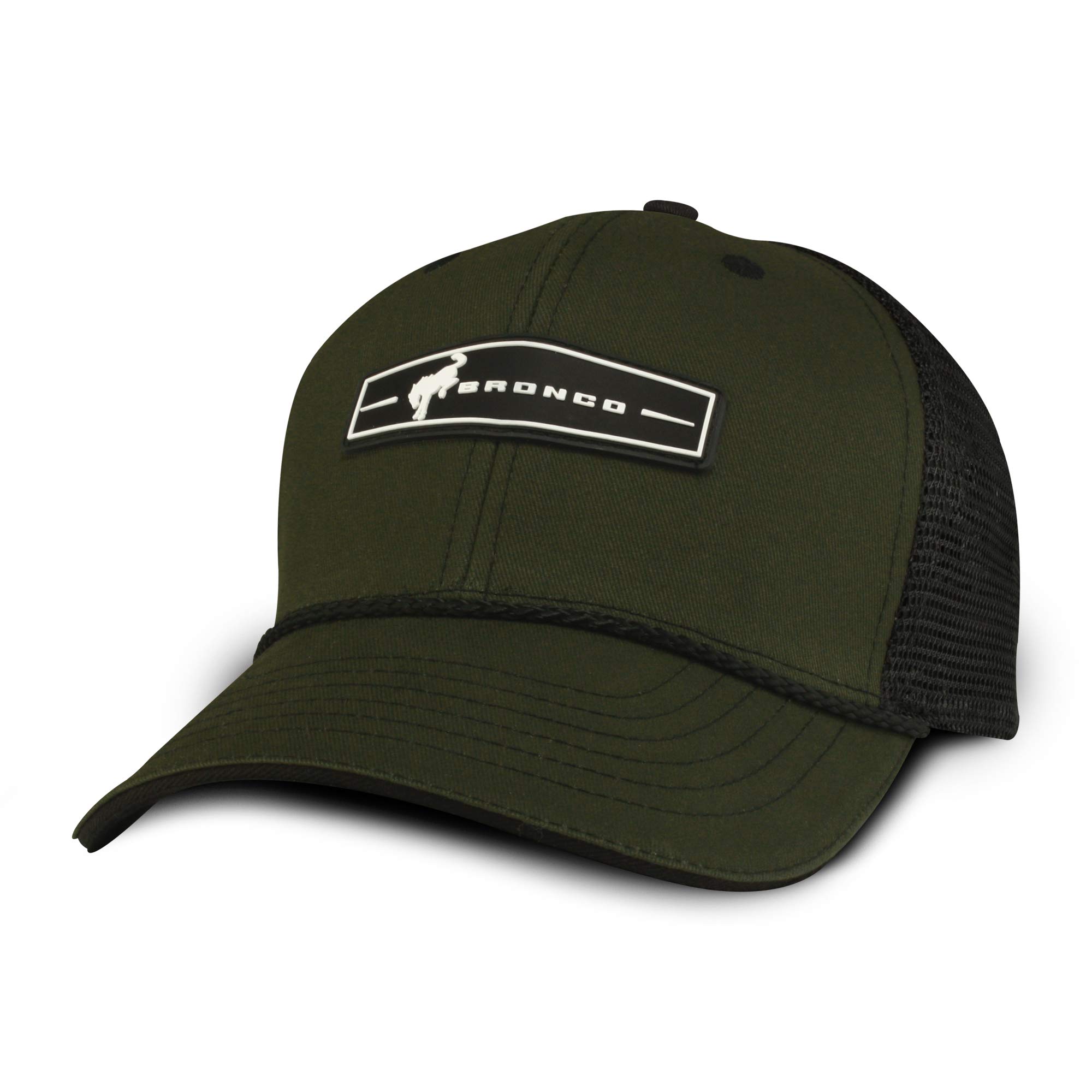 Ford Bronco Baseball Cap, Mesh Back Rubber Patch Trucker Hat, Dark Olive/Black