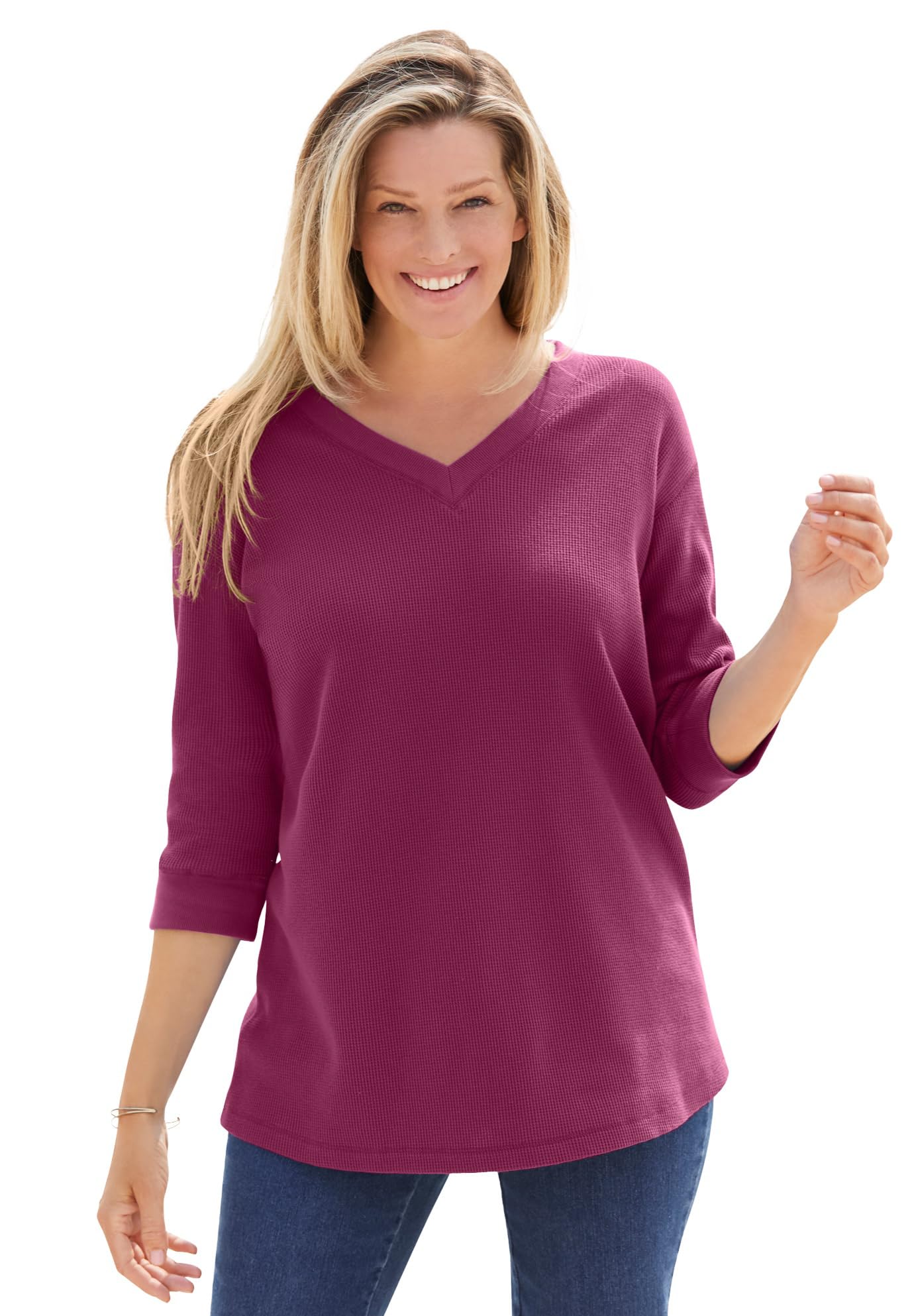 Woman Within Women's Plus Size Three-Quarter Sleeve Thermal Sweatshirt - 34/36, Deep Claret