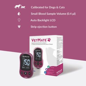 VetMate Dogs/Cats Diabetes Monitoring Starter KIT (Auto-Coding) - 1 Pet Blood Glucose Meter, 10 Test Strips, 1 Lancing Device, 10 Lancets, 1 Control Solution – Calibrated for Dogs and Cats