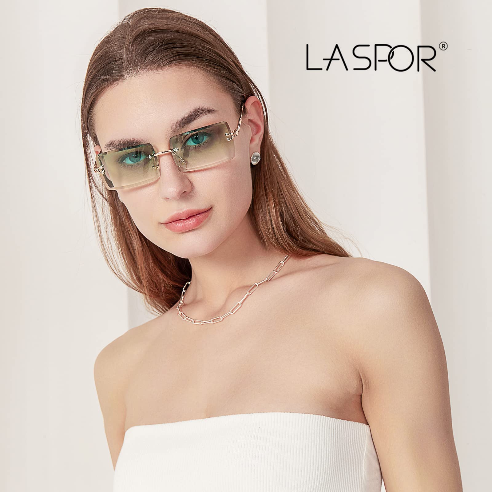 LASPOR Retro Rimless Rectangle Sunglasses for Women Men Tinted Lens Gold Metal Frameless Vintage Square Glasses UV400 Protection Green gradient