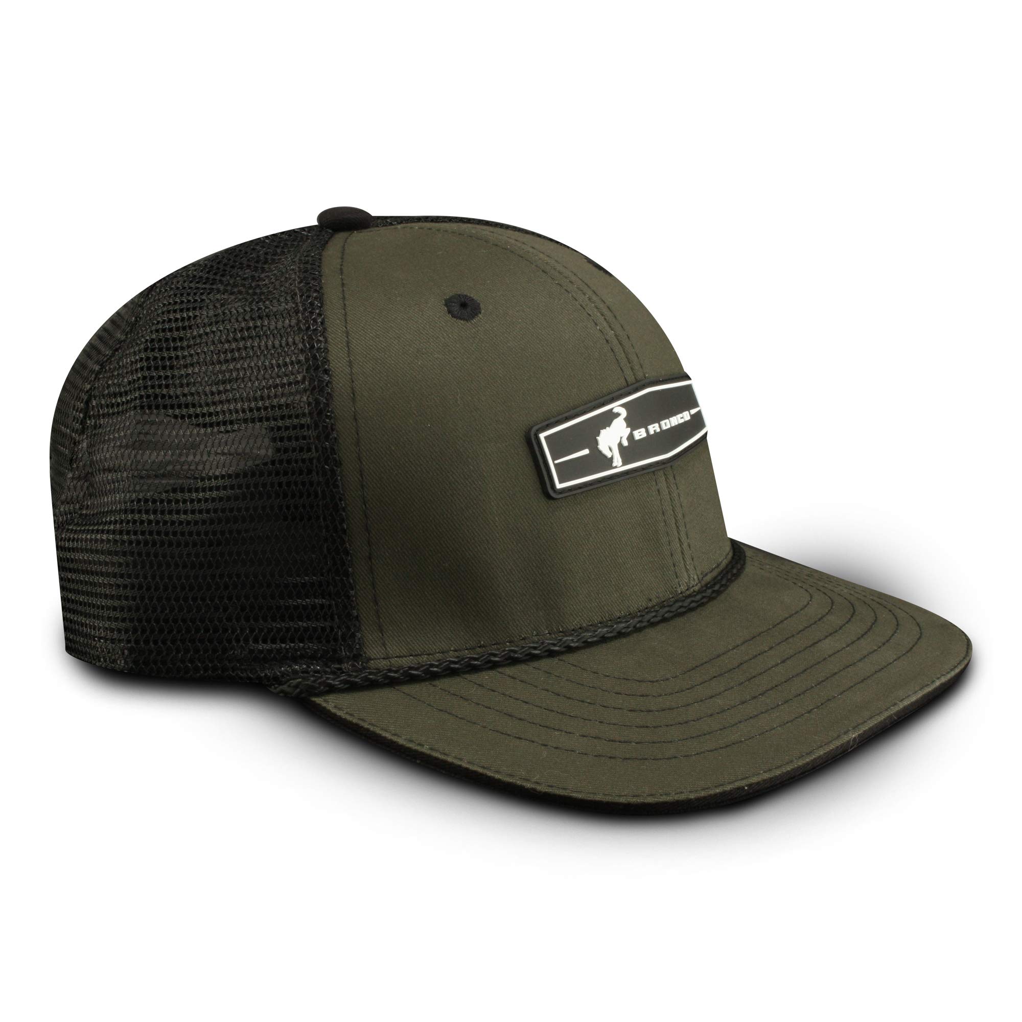 Ford Bronco Baseball Cap, Mesh Back Rubber Patch Trucker Hat, Dark Olive/Black