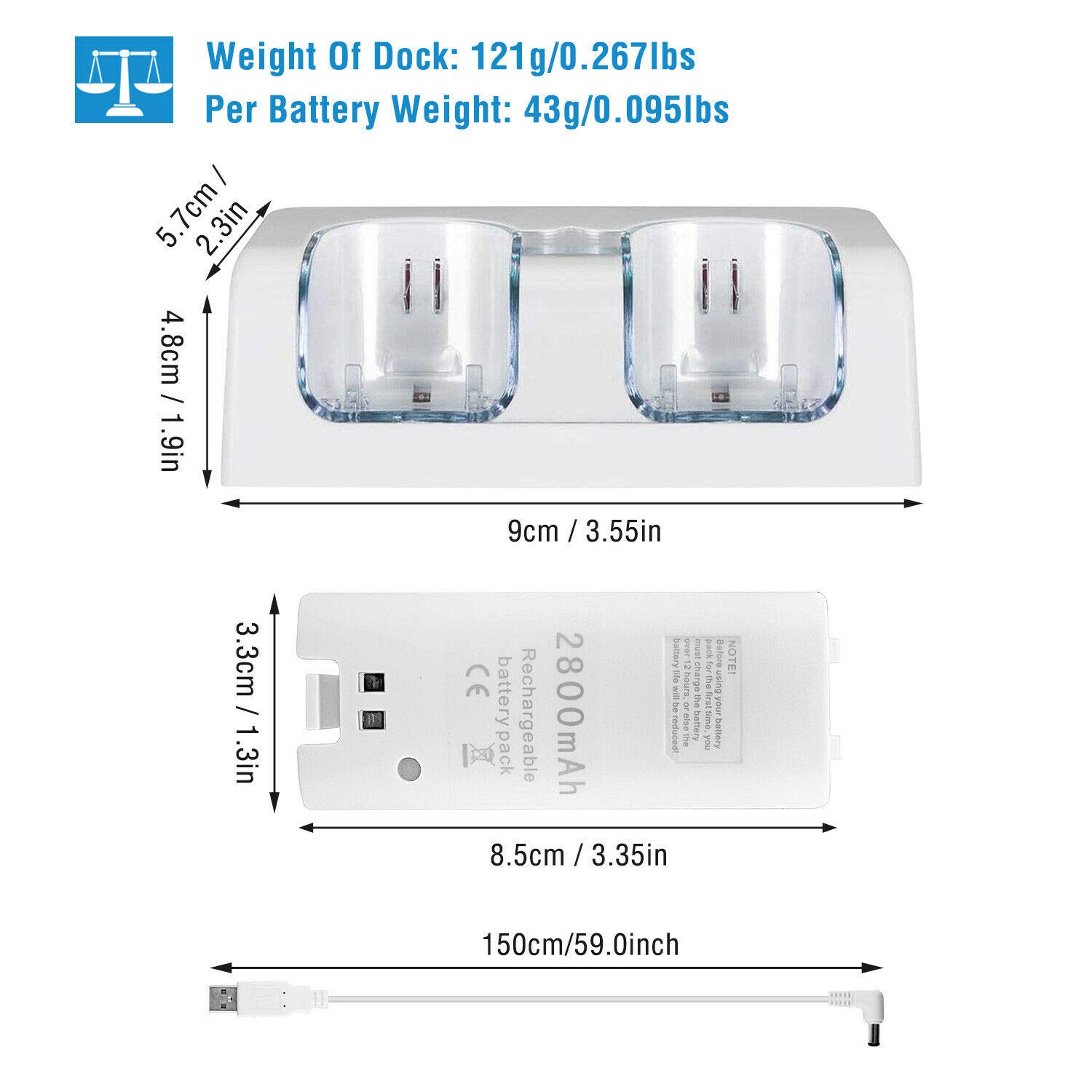 Wii Controller Charger Station, 2 in 1 Dual Charging Dock Station for Nintendo WII/WII U Controllers with Two 2800mAh Rechargeable Battery Pack White