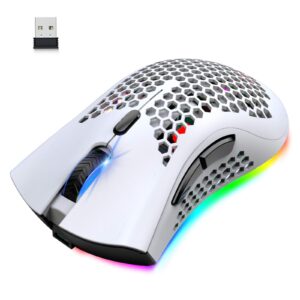 wireless lightweight gaming mouse honeycomb with 7 button multi rgb backlit perforated ergonomic shell optical sensor adjustable dpi rechargeable 800mah battery usb receiver for pc mac gamer(white)