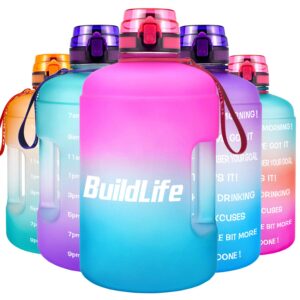 buildlife gallon water bottles with times to drink - gallon water jug - 1 gallon water bottle–128 oz water bottle,one gallon water bottle with time marke for gym(pink blue)