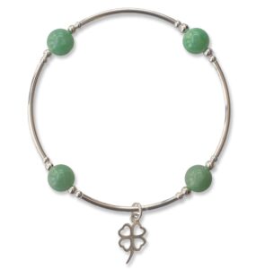 made as intended smaller bead green jade gemstone bracelet with sterling silver four-leaf clover charm, regular size