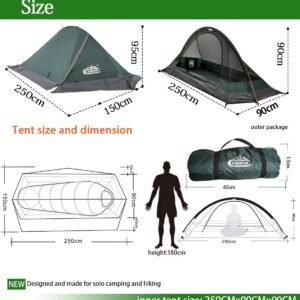 camppal 1 Person Tent Backpacking Camping Hiking Mountain Hunting Tent Lightweight and Waterproof for 4 Season Extreme Space Saving Single Bracket (Green-with skirt)