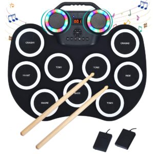 costzon 9 pads electronic drum set with led light, portable roll up midi drum practice pad w/bluetooth, 7 tones & rhythms, 10 demos, foot pedals, 2 built-in speakers, for beginners kids (black)