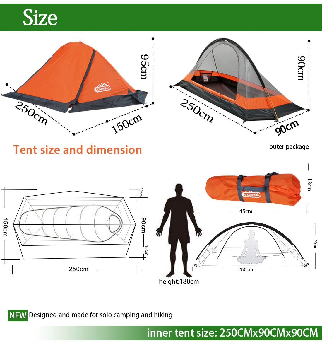 camppal 1 Person Tent Backpacking Camping Hiking Mountain Hunting Tent Lightweight and Waterproof for 4 Season Extreme Space Saving Single Bracket (Orange-with skirt)