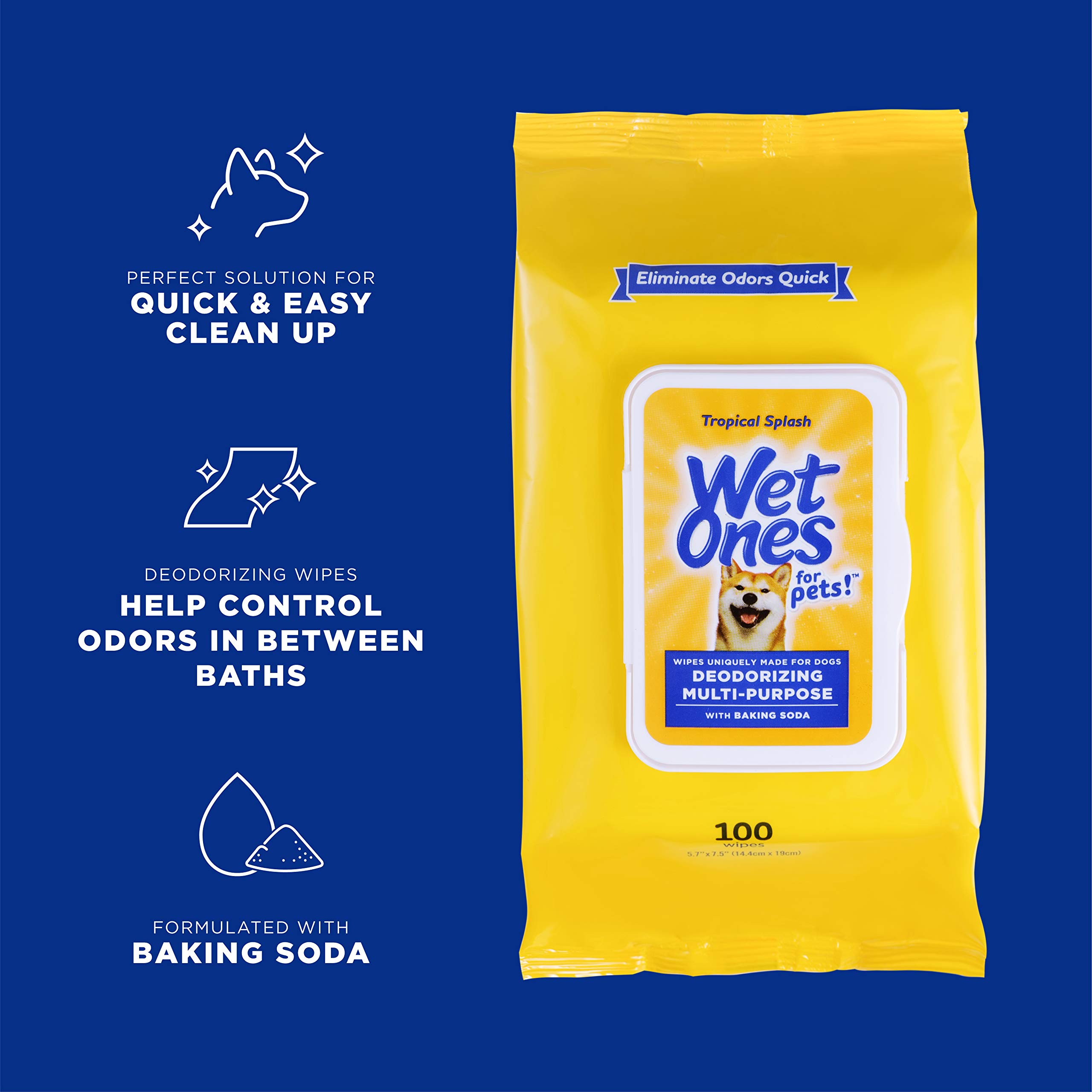 Wet Ones for Pets Desmellizing Multi-Purpose Dog Wipes with Baking Soda Dog Desmellizing Wipes for All Dogs in Tropical Splash Scent, Wet Ones Wipes for Desmellizing Dogs| Hundred Ct Pouch Dog Wipes