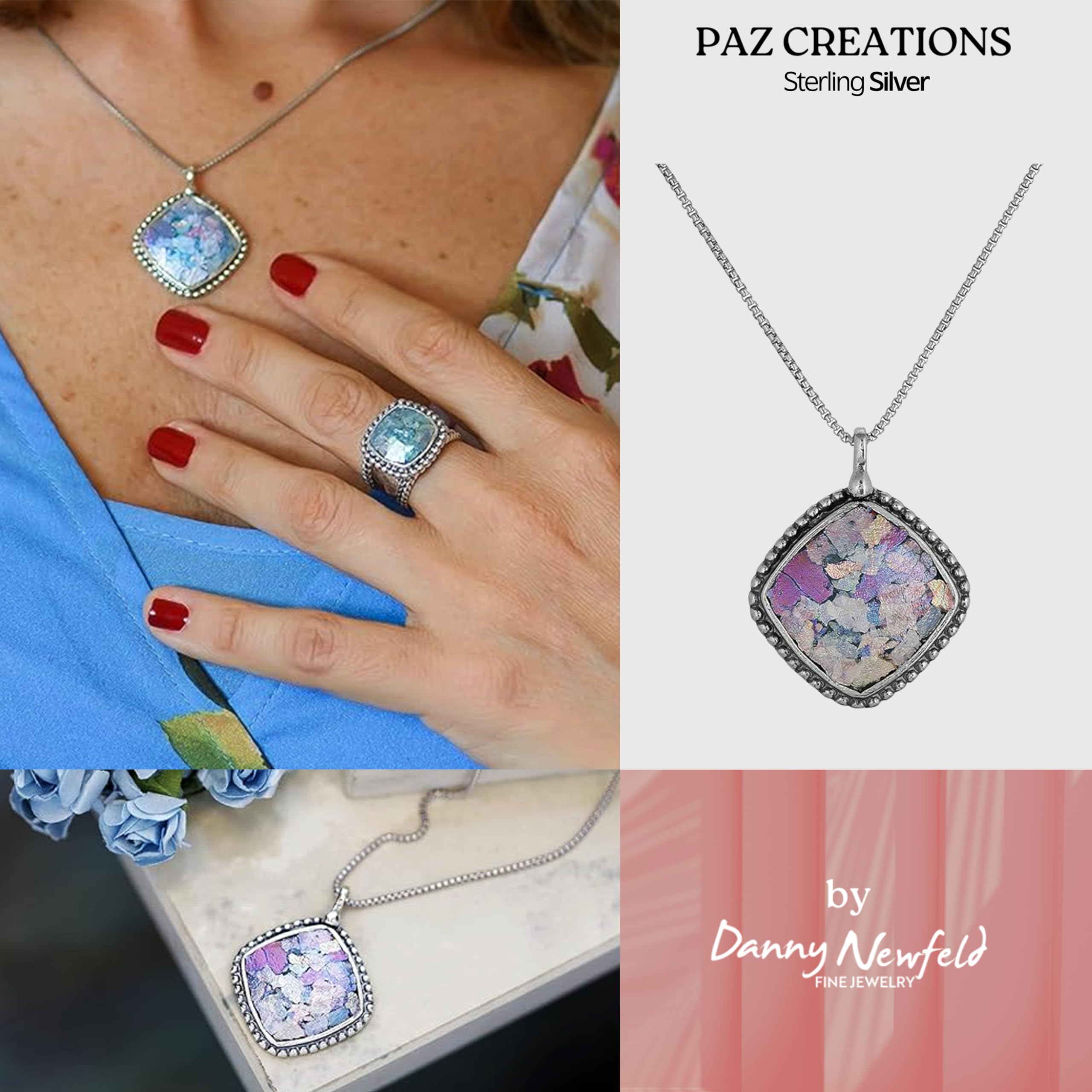 PZ Paz Creations Roman Glass Pendant Necklace For Women Sterling Silver Intricate Design 18" Box Chain Hypoallergenic